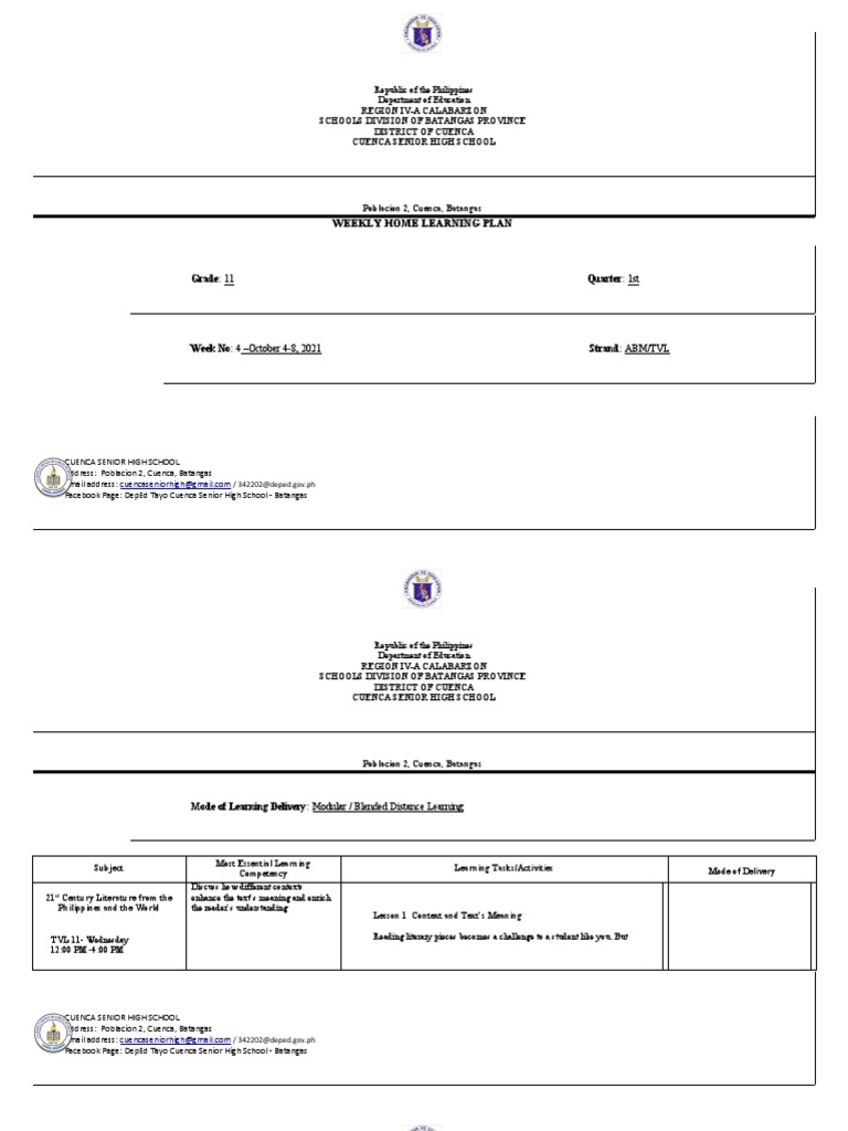 Republic of The Philippines Department of Education: Weekly Home ...