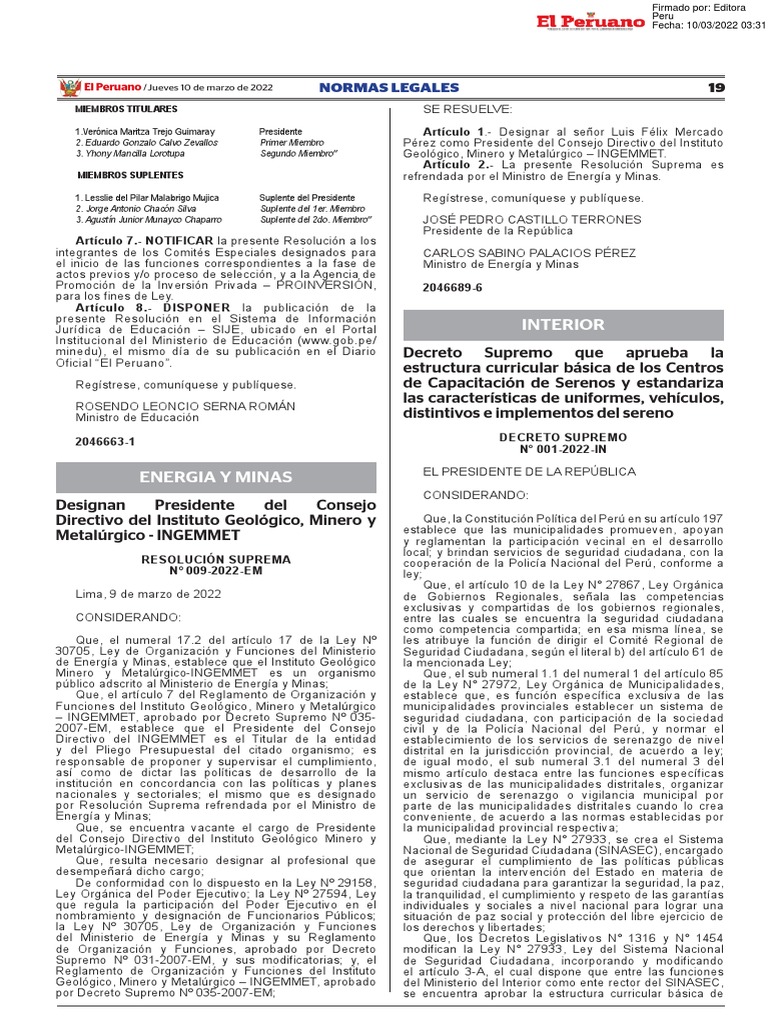 Decreto Supremo #001-2022-In | PDF