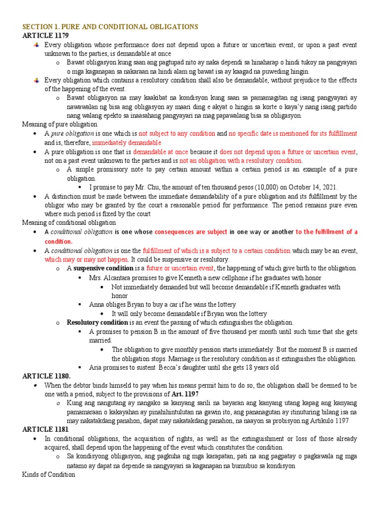 ARTICLE 1179: Section 1. Pure and Conditional Obligations | PDF | Civil ...