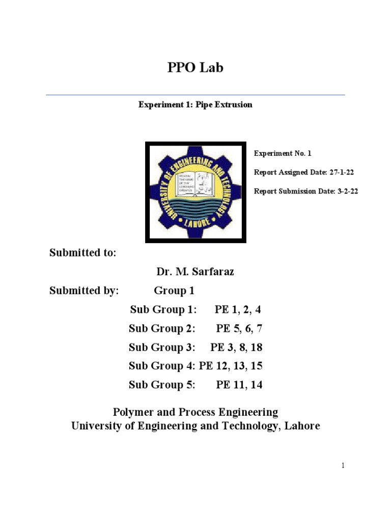PPO Assignment 1 Group 1 | PDF | Extrusion | Pipe (Fluid Conveyance)