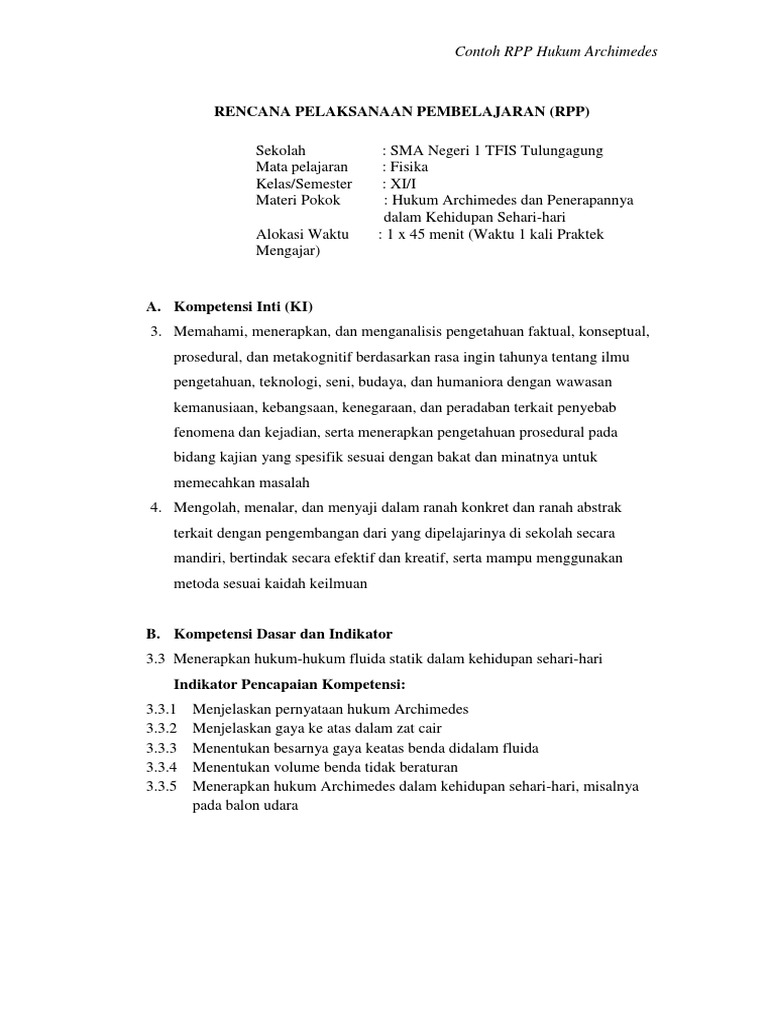 Contoh RPP 13 Komponen Hukum Archimedes | PDF