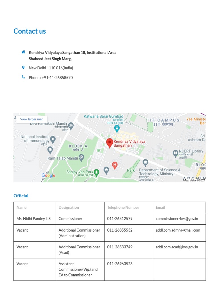 KVS Headquarters Contact Information | PDF