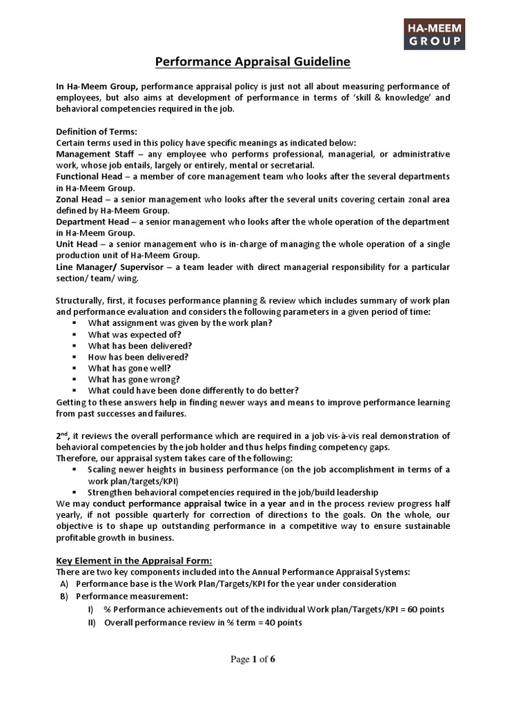 Performance Appraisal Guideline: Key Element in The Appraisal Form ...