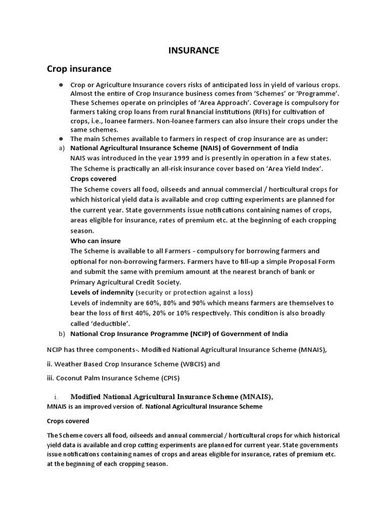 Insurance Crop Insurance: National Agricultural Insurance Scheme (NAIS ...