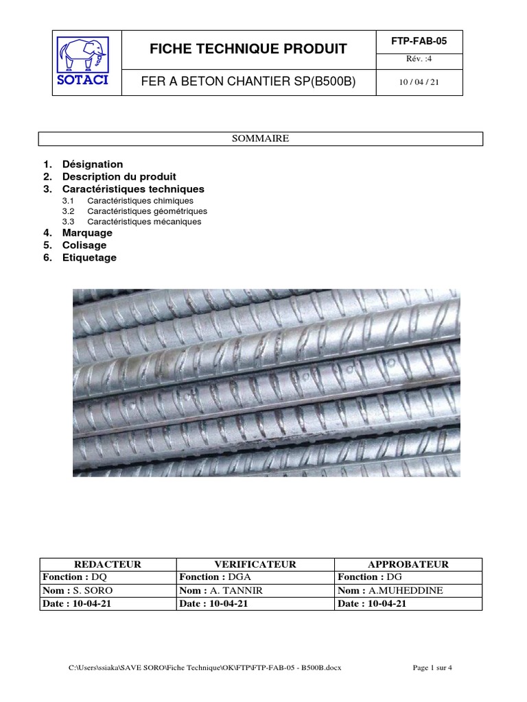 Fiche Technique Fer A Beton Fe500 Sotaci | PDF