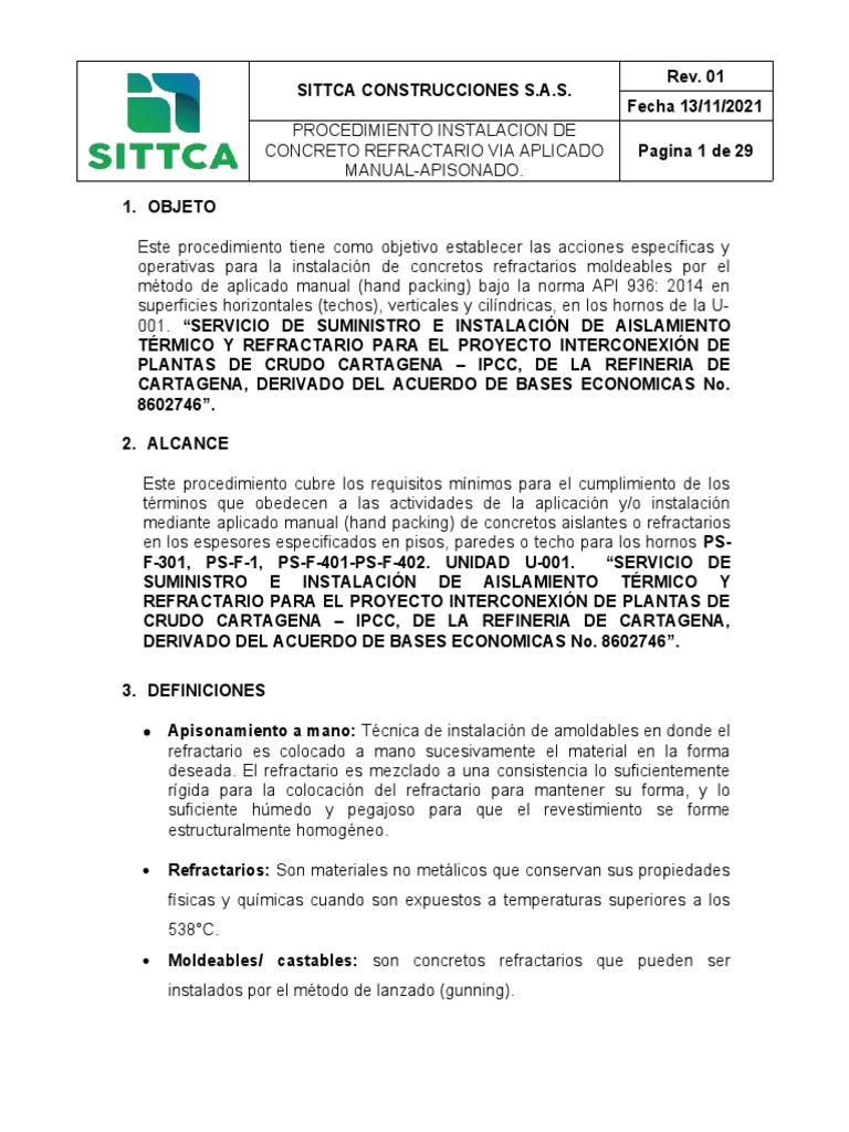 PROCEDIMIENTO INSTALACION DE CONCRETO REFRACTARIO VIA APLICADO MANUAL ... PROCEDIMIENTO INSTALACION DE CONCRETO REFRACTARIO VIA APLICADO MANUAL ...