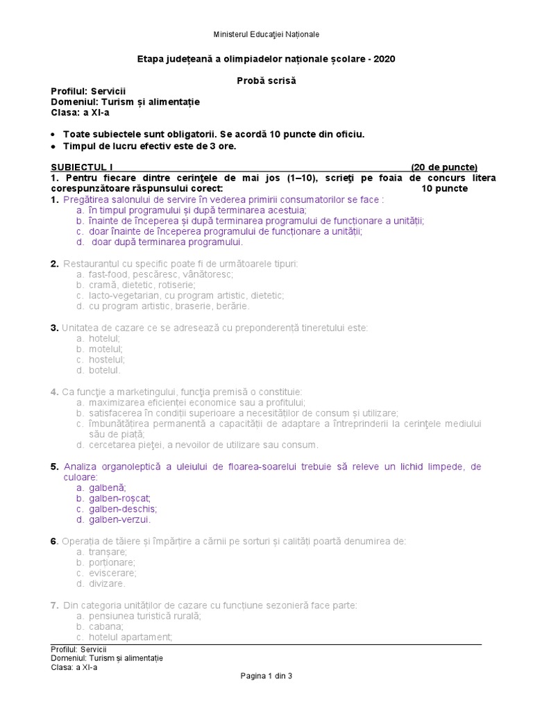 Olimpiada SUBIECTE Turism Alimentatie XI | PDF