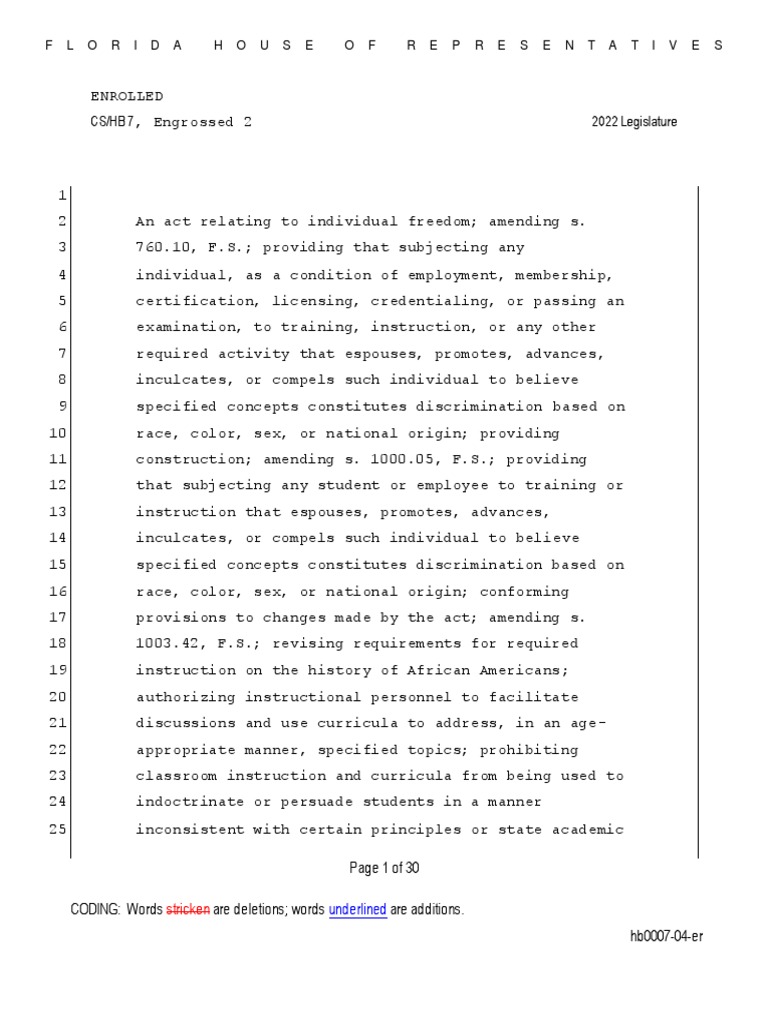 hb7 Florida Individual Freedom, Stop Woke Act | PDF | Curriculum | Violence