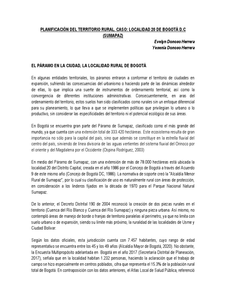 Planificación Del Territorio Rural Caso Localidad 20 de Bogotá DC ...