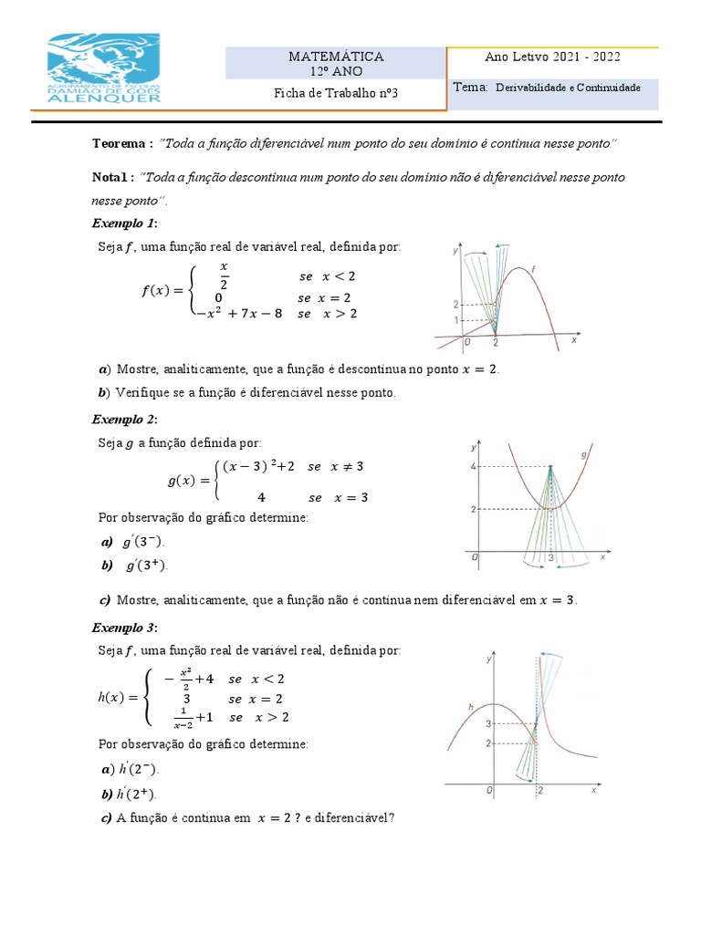 Ficha Nº3 Derivabilidade E Continuidade Pdf Derivado Função
