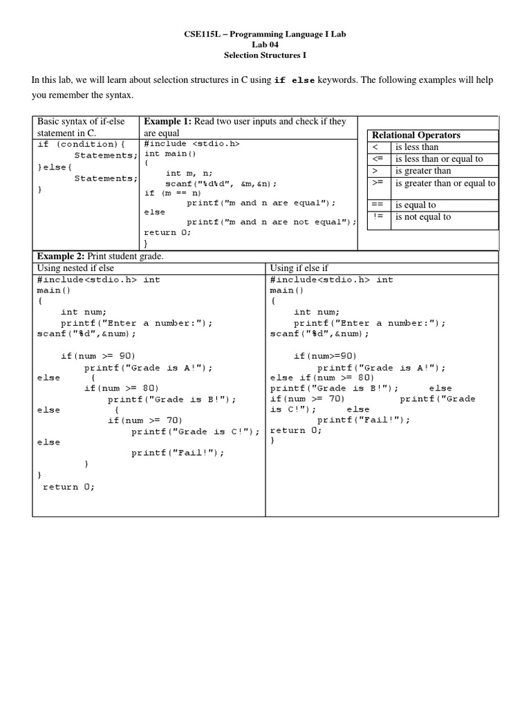 Lab4 Conditionals If Else Logical Relational Operators Pdf Software Engineering Computing 