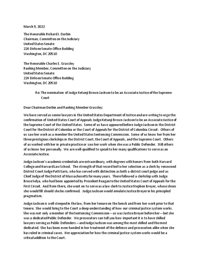Letter of Support For Judge Jackson (2022.03.09) | PDF | Law Clerk | Judge