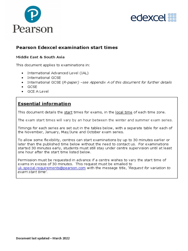 Edexcel Exam Start Times Middle East To Indian Subcontinent | PDF ...