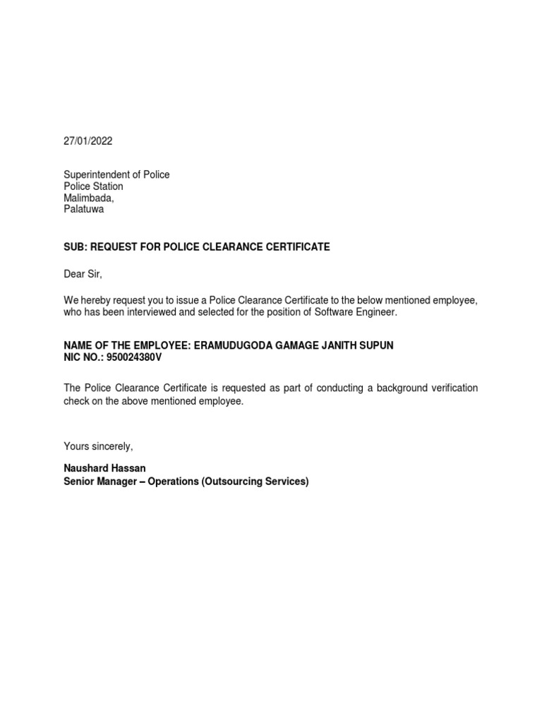 Request Letter - Police Clearance Certificate | PDF