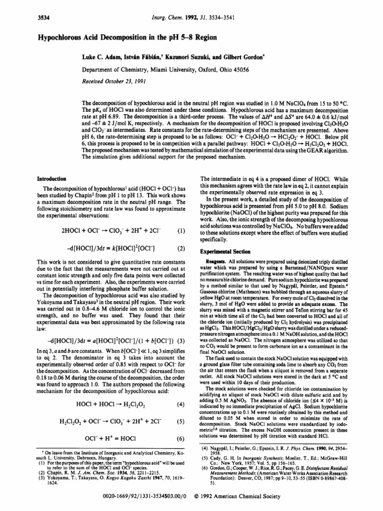 Hypochlorous Acid Decomposition Study | PDF | Ph | Acid Dissociation ...