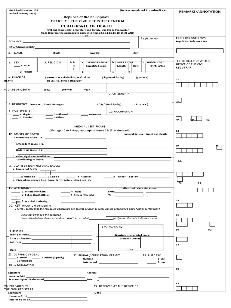 Main Municipal Form 103 Certificate Death Catbqalogan | PDF | Death ...