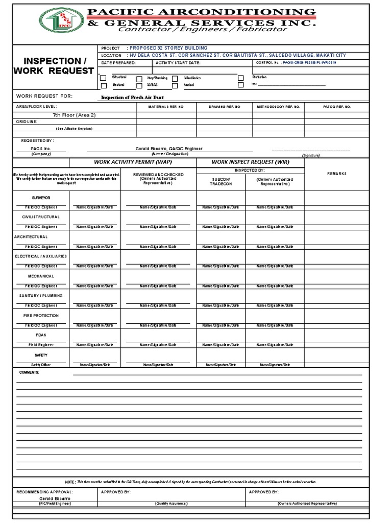 Inspection / Work Request: Work Activity Permit (Wap) Work Inspect ...