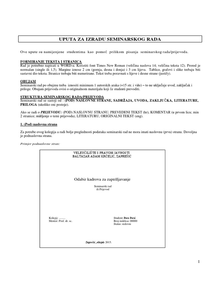 Upute Za Izradu Seminara Word | PDF