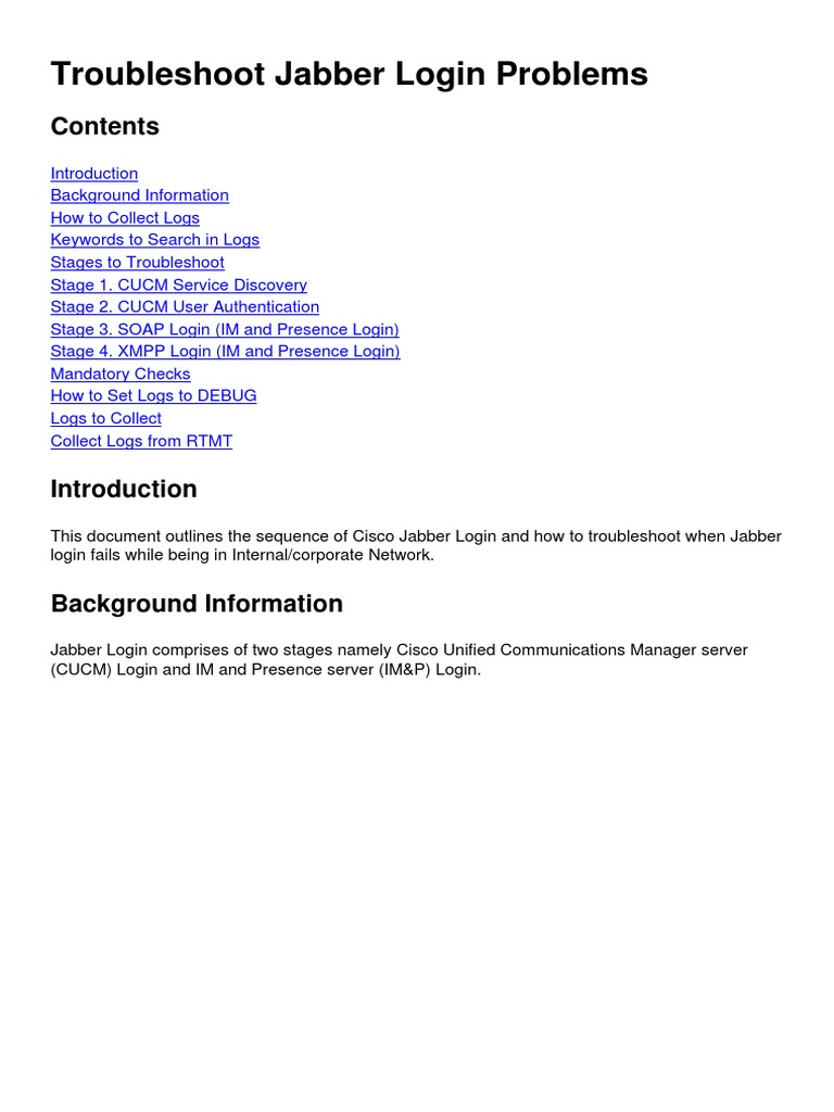 Troubleshoot Jabber Login Problems | Download Free PDF | Login | Cyberspace