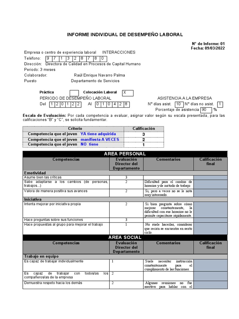 Informe de Desempeno Laboral | PDF | Evaluación | Business