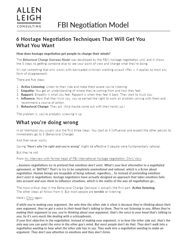 FBI Negotiation Model: 6 Hostage Negotiation Techniques That Will Get You What You Want | PDF ...