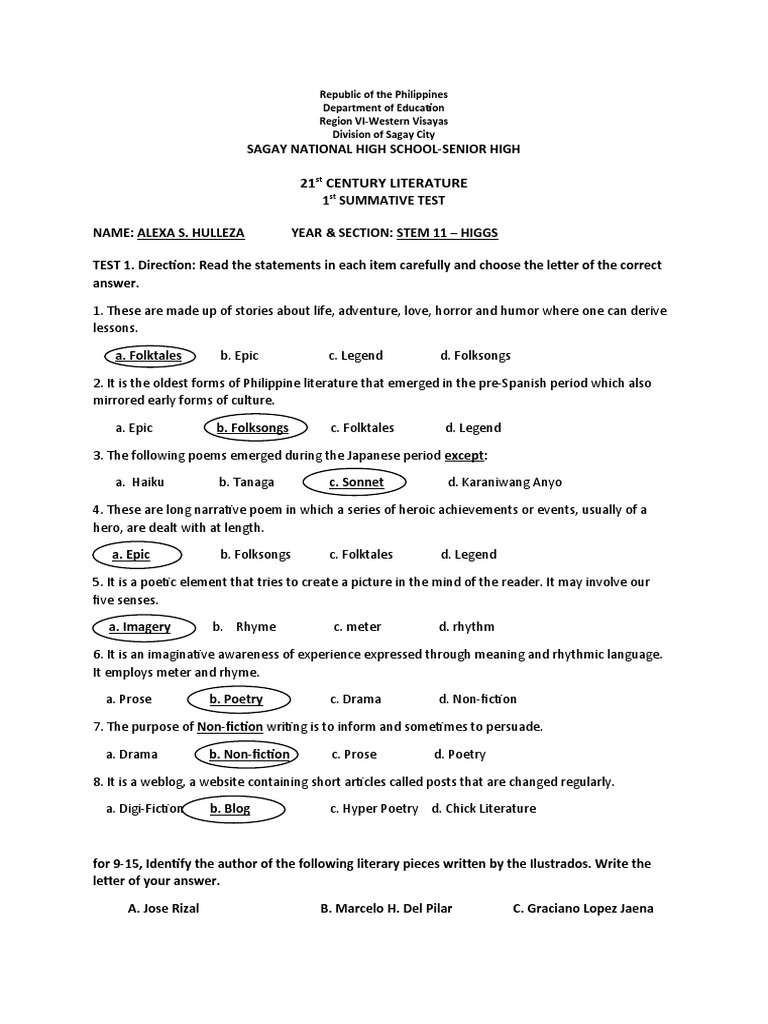 HULLEZA - SUMMATIVE 1-21st CENTURY LITERATURE | PDF | Poetry | Philippines