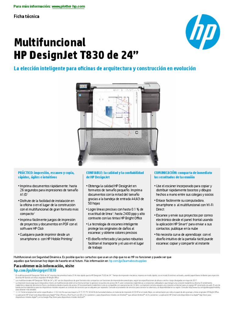 Caracteristicas Plotter HP Designjet t830 | PDF | Punto de acceso inalámbrico | Inalámbrico