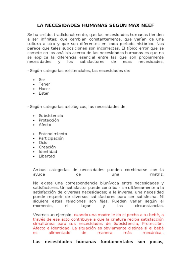 La Necesidades Humanas Según Max Neef | PDF | Teorías filosóficas ...
