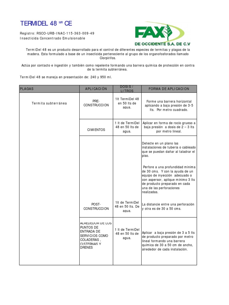 Uso y Aplicación de Termidel 48 | PDF