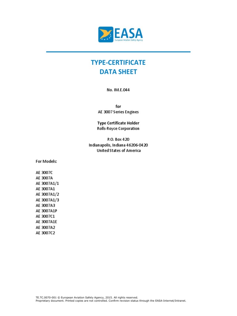 EASA.E.044 Issue 5 Rolls-Royce AE3007 Series Engines | PDF | Aviation ...