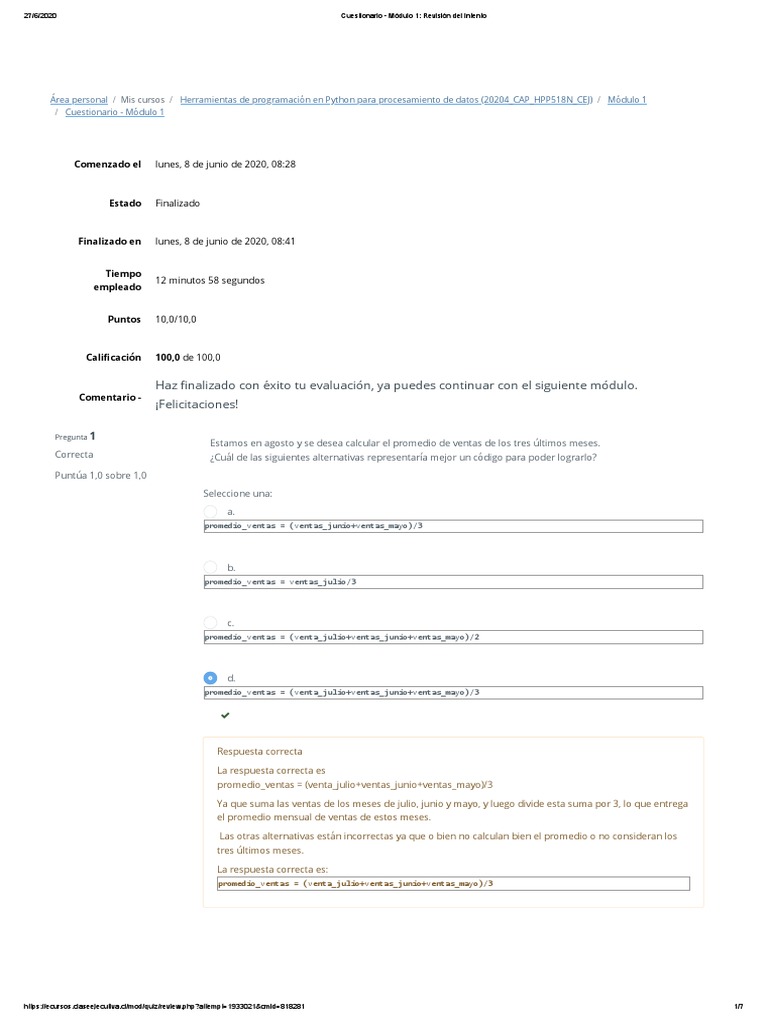 Cuestionario - Módulo 1 - Revisión Del Intento | PDF | Python (lenguaje de programación ...