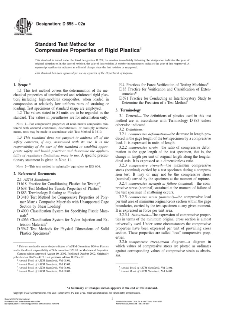 ASTM D 695 - 02 - Compressive Properties of Rigid Plastics | PDF ...