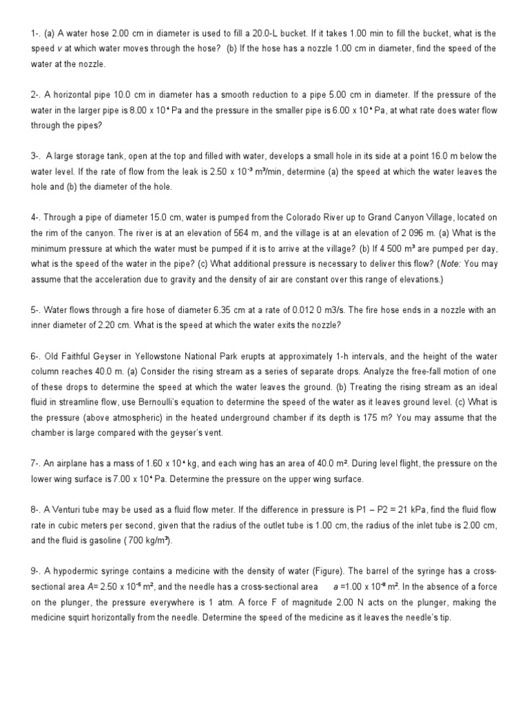 Fluid Dynamics Problem Set | PDF | Pressure | Pump