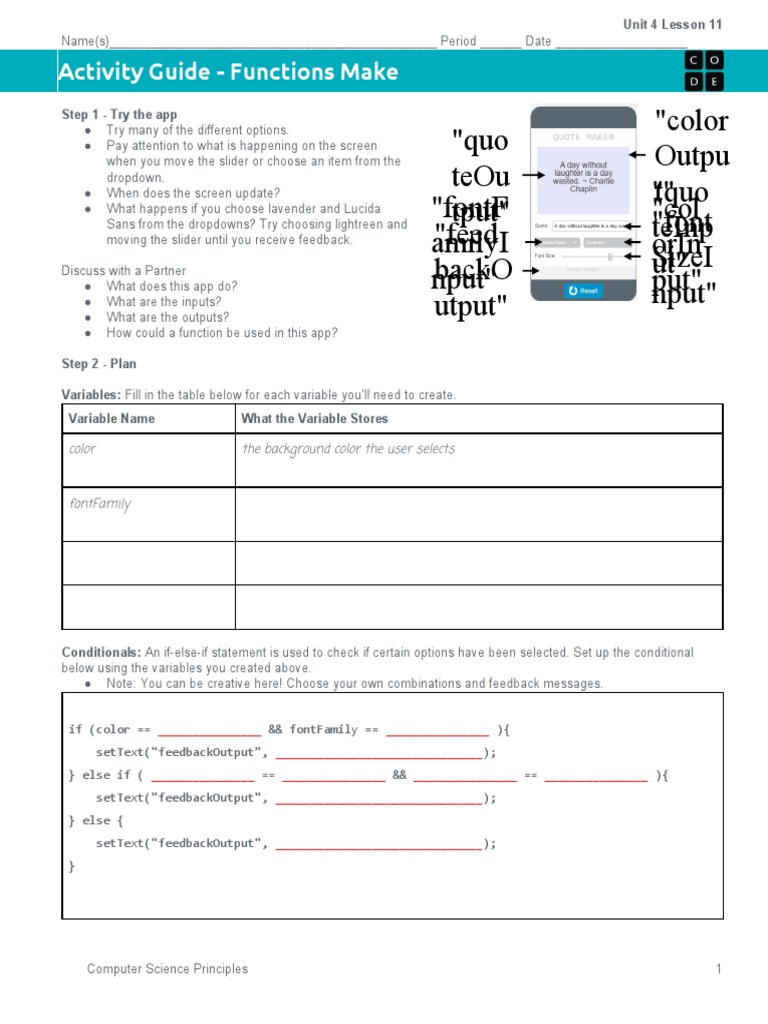 Activity Guide - Functions Make - Unit 4 Lesson 11 | PDF | Function ...