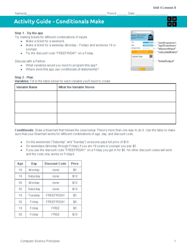 Activity Guide - Conditionals Make - Unit 4 Lesson 8 | PDF | Workweek ...