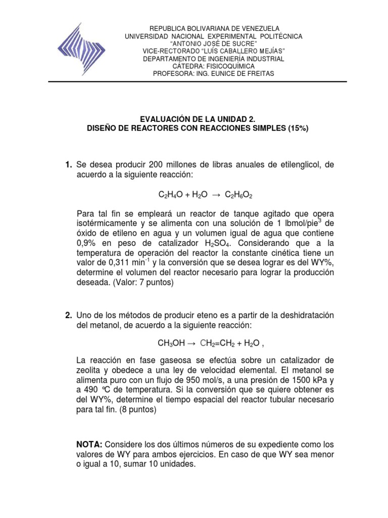Evaluación Unidad 2 Diseño de Reactores. 2022-1 B | PDF