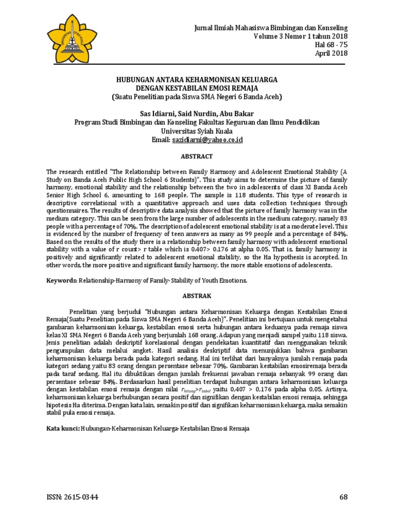 Hubungan Antara Keharmonisan Keluarga Dengan Kestabilan Emosi Remaja | Download Free PDF ...