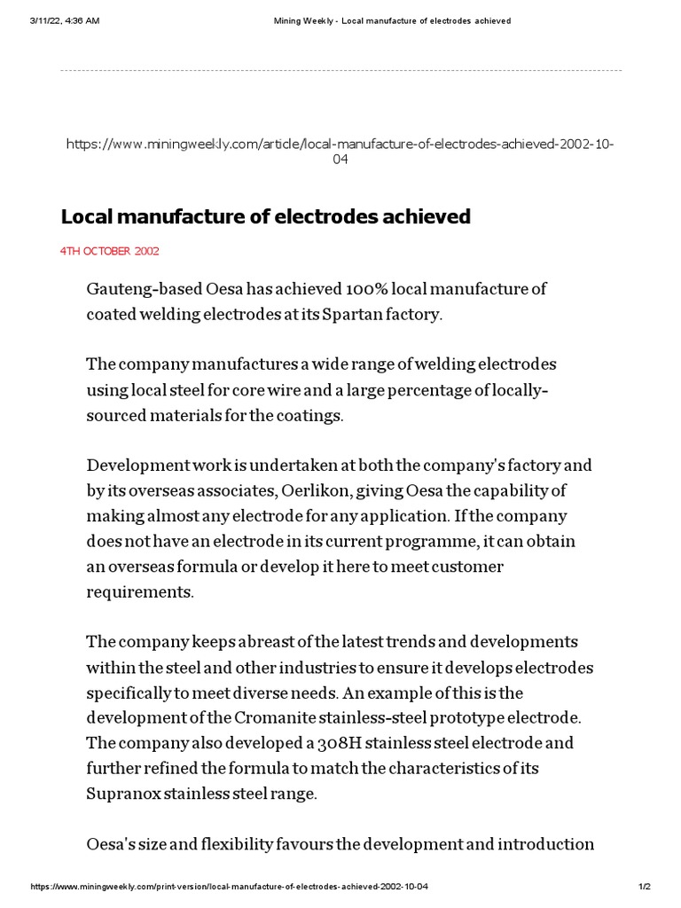 Mining Weekly - Local Manufacture of Electrodes Achieved | PDF ...