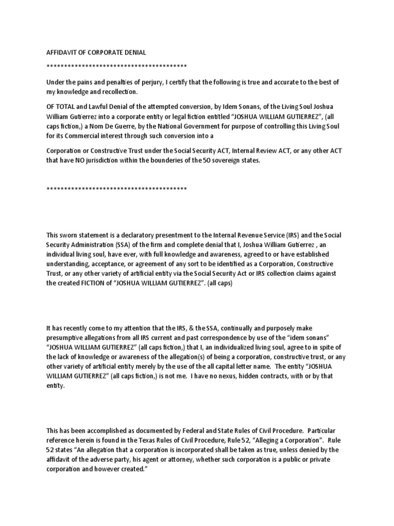 Affidavit of Corporate Denial | PDF | Assignment (Law) | Notary Public
