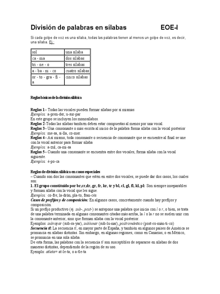 Ejercicios división sílabica EOE-I C-RES. | PDF | Sílaba | Vocal