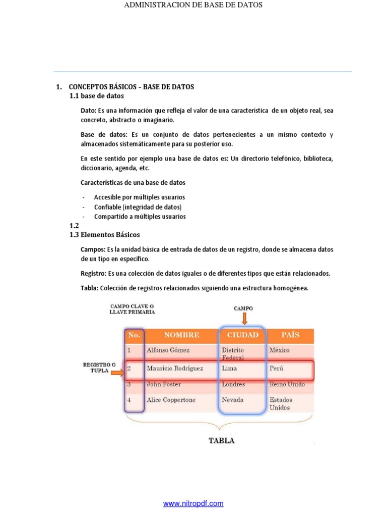 Temario 1 Conceptos Basicos Base de Dato | PDF | Bases de datos | Postgre Sql