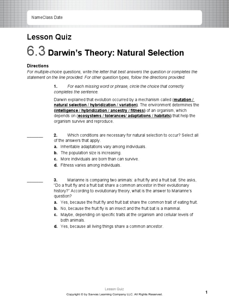 Darwin's Theory: Natural Selection: Lesson Quiz | PDF