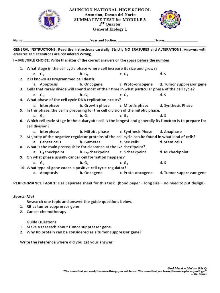Gen Biology 1 Summative Module 3 | PDF | Cell Cycle | Mitosis