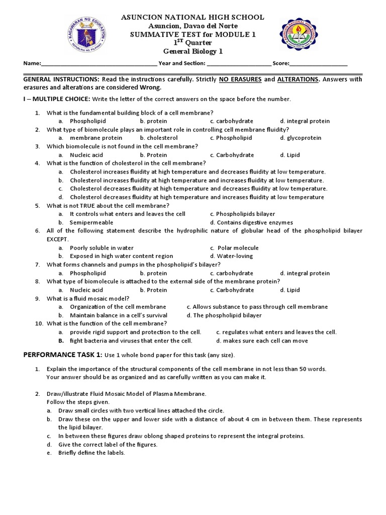 Gen Biology 1 Summative Module 1 | PDF | Cell Membrane | Phospholipid