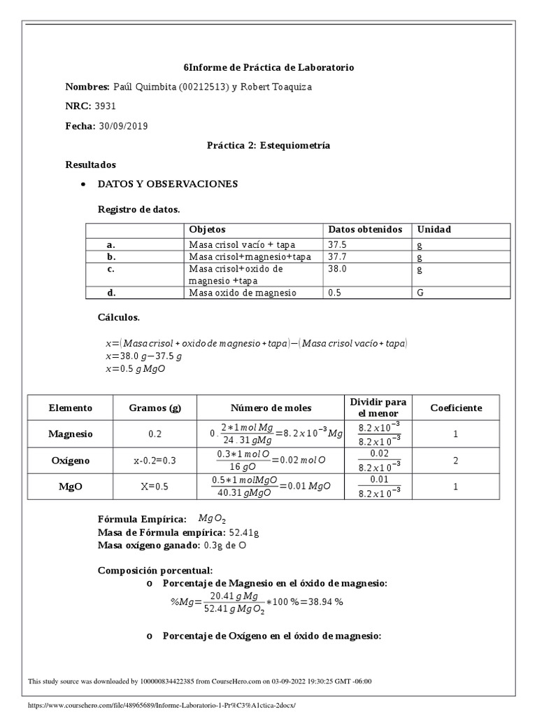 Informe Laboratorio 1 PR Ctica 2 | PDF | Reacciones químicas | Estequiometría