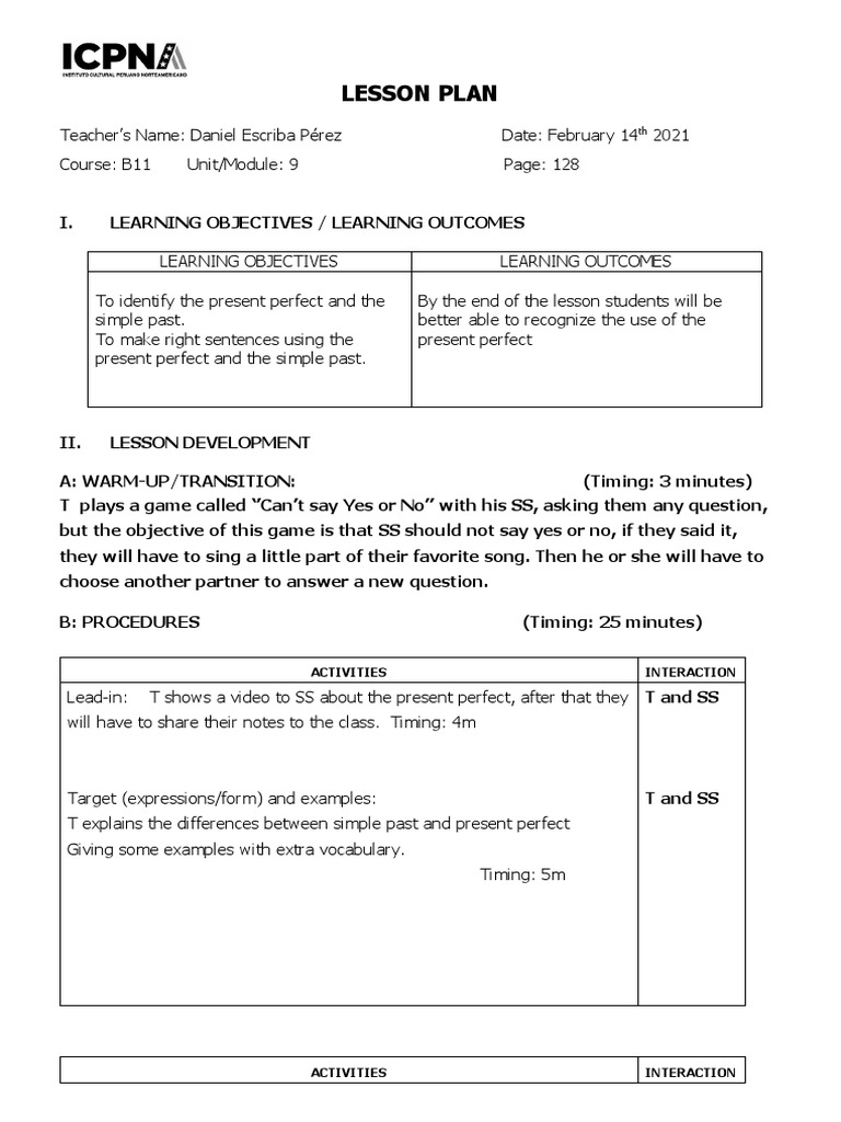 Icpna Lesson Plan Daniel Escriba MET3 | PDF | Lesson Plan | Cognitive Science