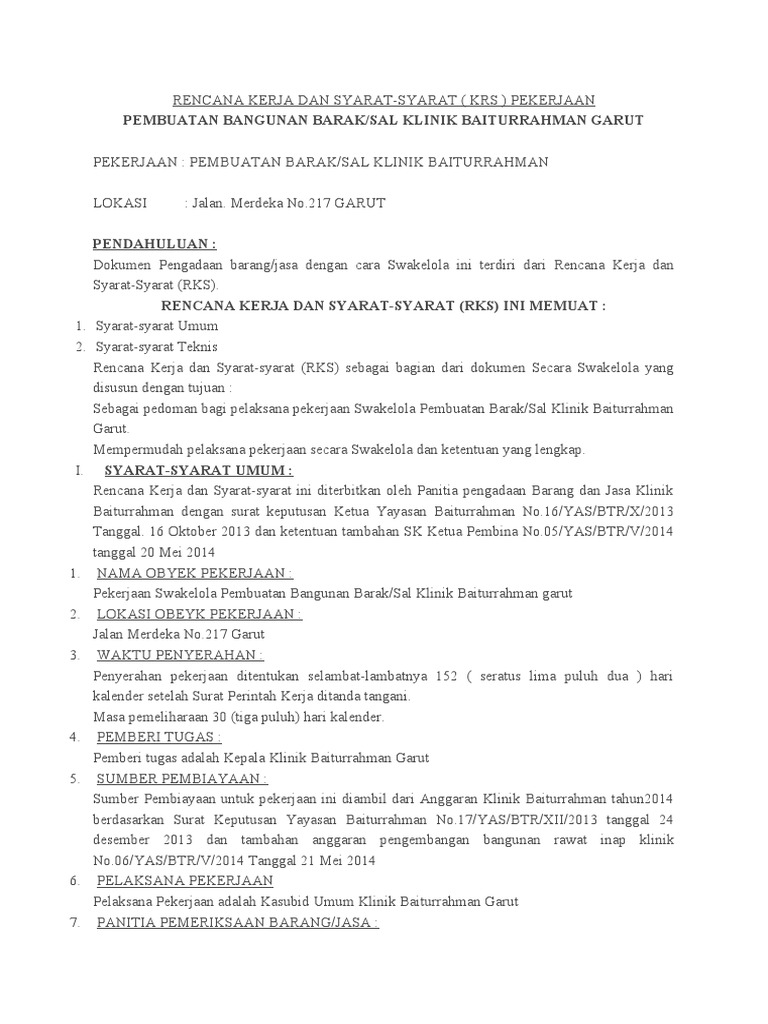 Contoh Rencana Kerja Dan Syarat - Syarat (RKS) | PDF