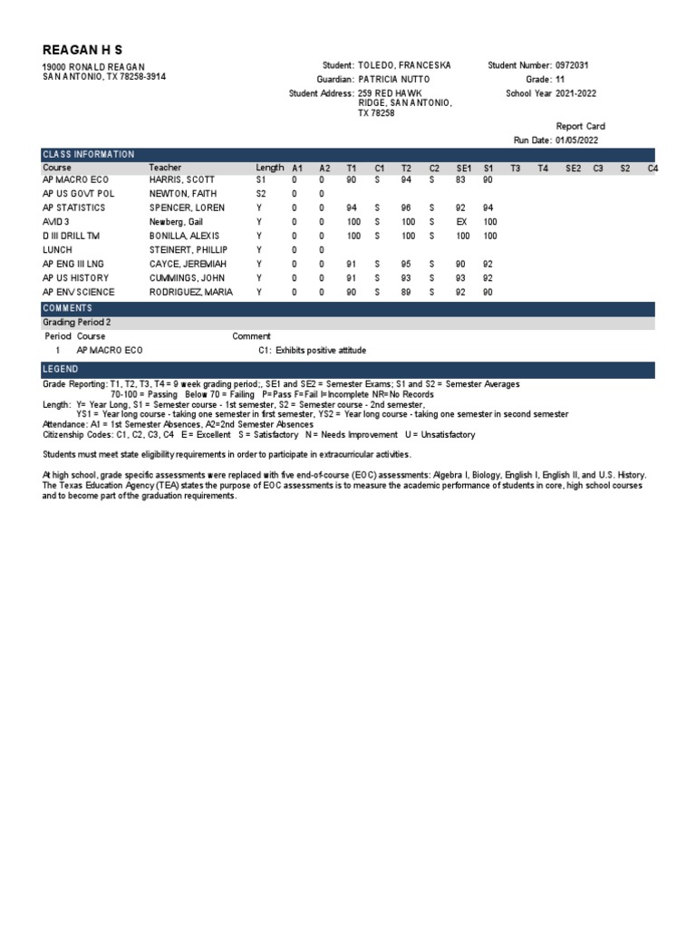 Report Card Semester 1 | Download Free PDF | Educational Stages ...