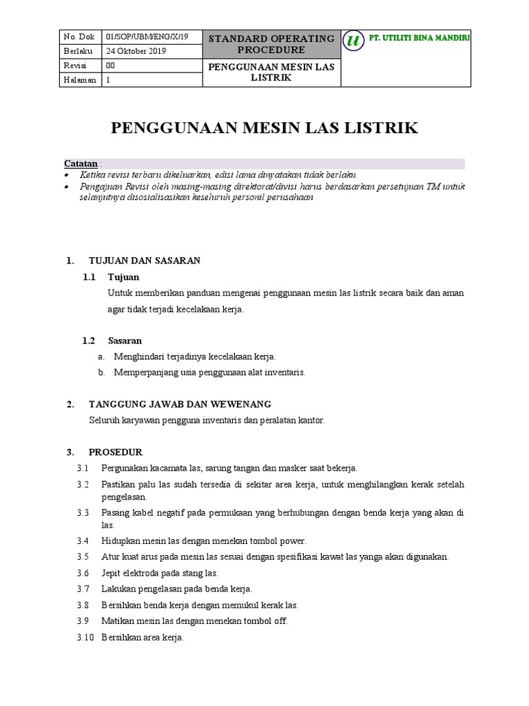 STANDAR OPERASIONAL PENGGUNAAN MESIN LAS LISTRIK | PDF