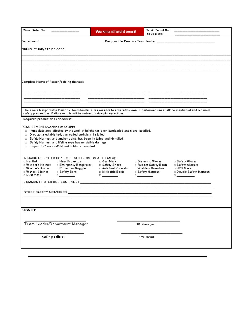 Working at Heights Permit Form | PDF | Safety | Personal Protective ...